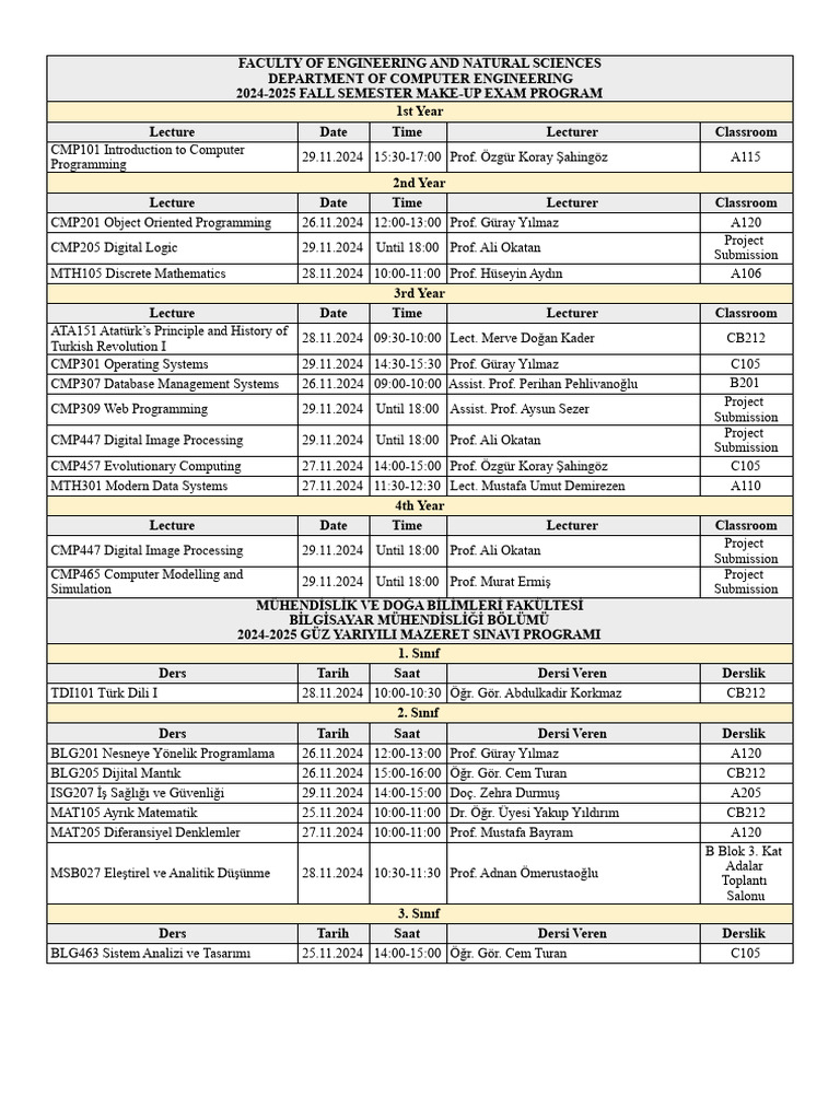 MDBF 2024 2025 Guz Mazeret Sinav Takvimi | PDF