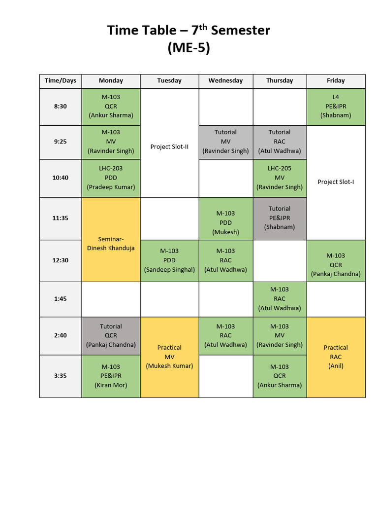 Time Table ME-5 (7th Semester) | PDF