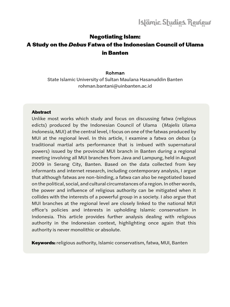 Negotiating Islam A Study On The Debus Fatwa of The Indonesian Council ...