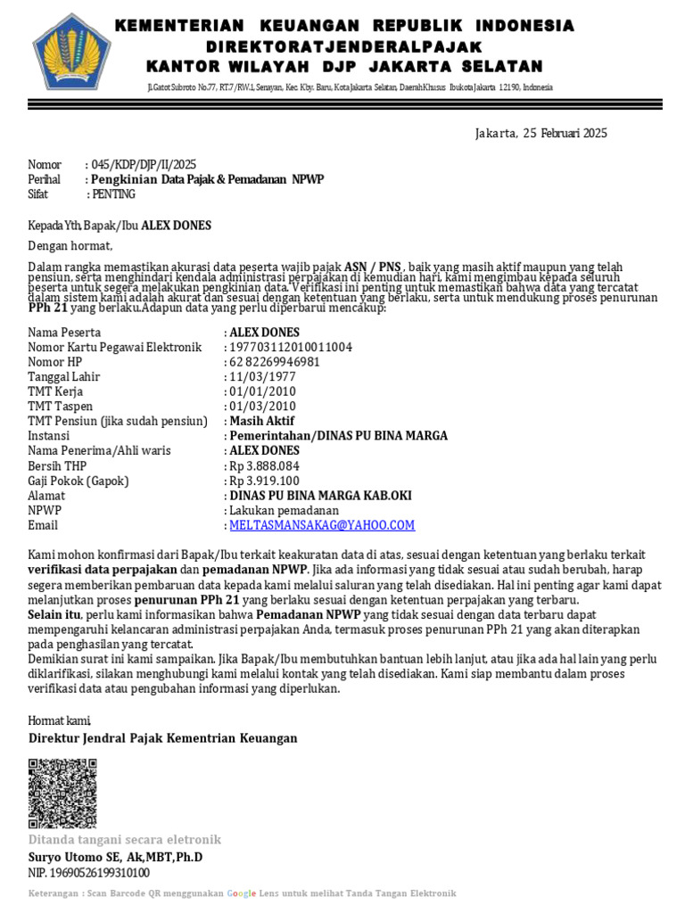 Surat_Konfirmasi Pengkinian Data ALEX DONES | PDF