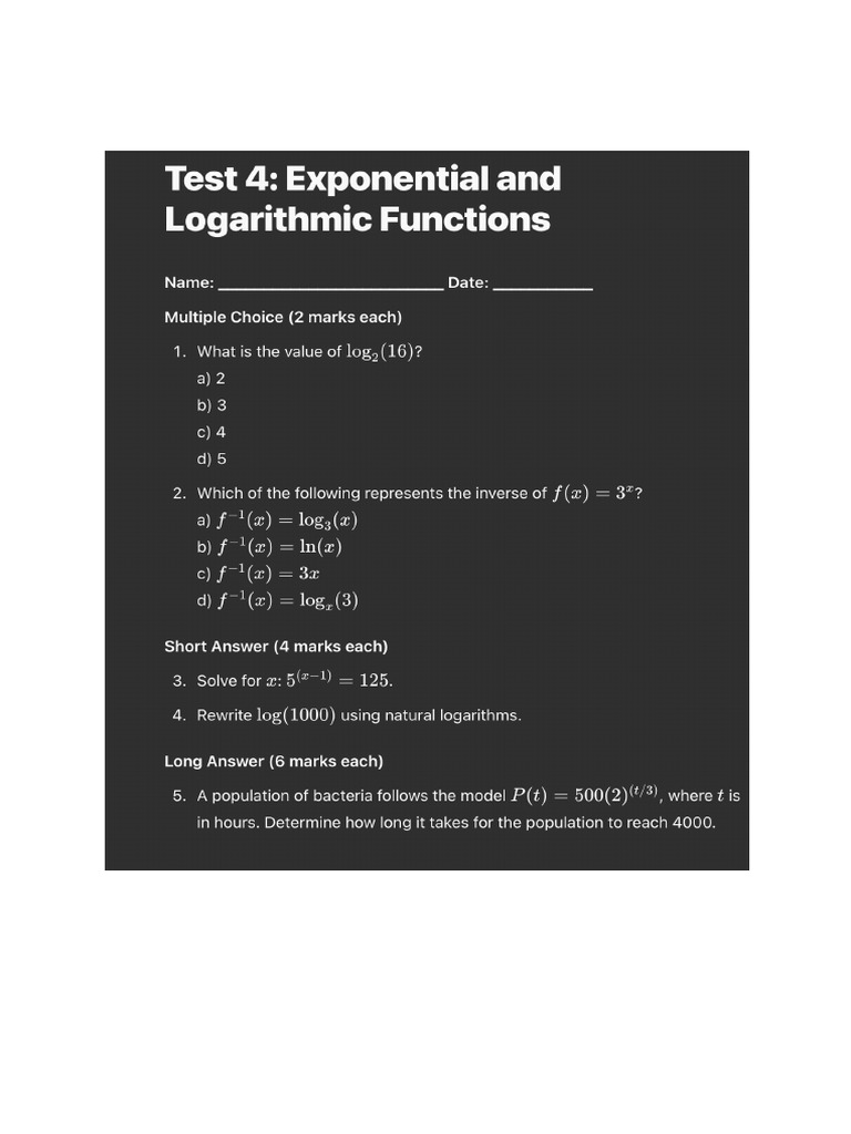 Mcv3u Test 4 - Exponential and Logarithmic Functions | PDF