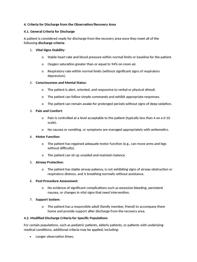 sop for criteris discharge recovery area after sedation | PDF ...