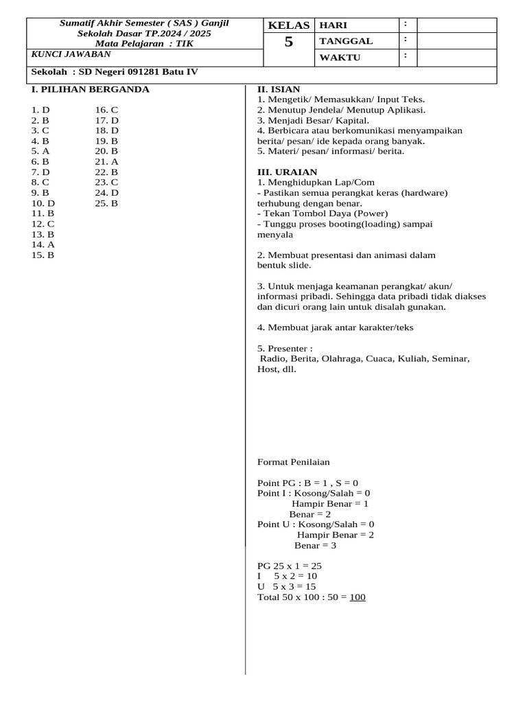 Kunci Jawaban UAS TIK KLS 5 | PDF