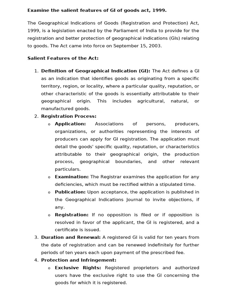 Examine The Salient Features of GI of Goods Act | PDF | Trademark ...