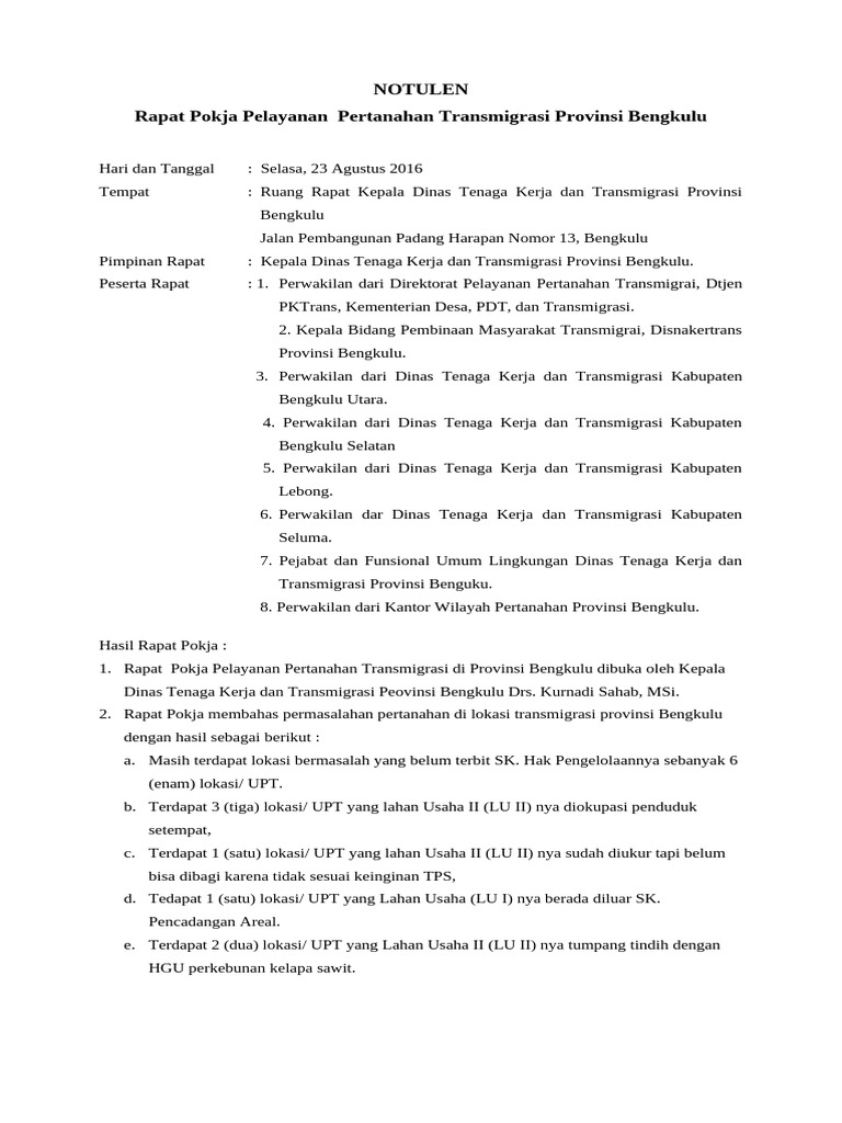 Notulen Rapat Pokja Pelayanan Pertanahan Provinsi Bengkulu | PDF