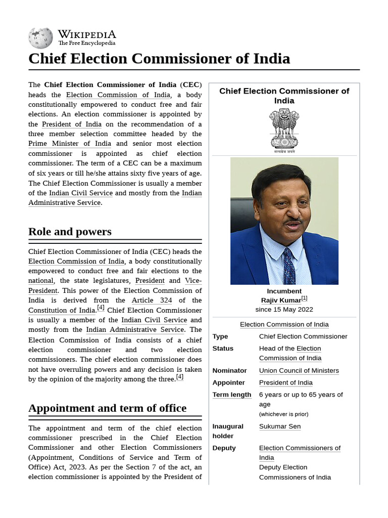 Chief Election Commissioner of India | PDF | Politics Of India | Government