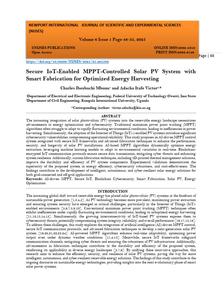 Secure IoT-Enabled MPPT-Controlled Solar PV System with Smart Fabrication for Optimized Energy ...