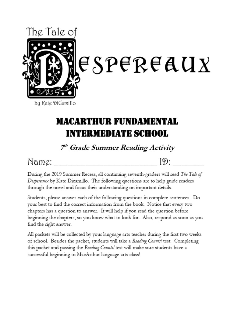Tale of Despereaux Summer Reading Packet | PDF