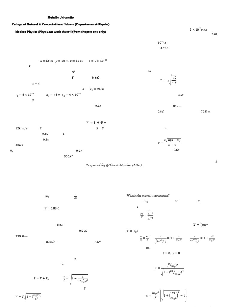 Moder Physics Work Sheet-I | PDF | Special Relativity | Electron