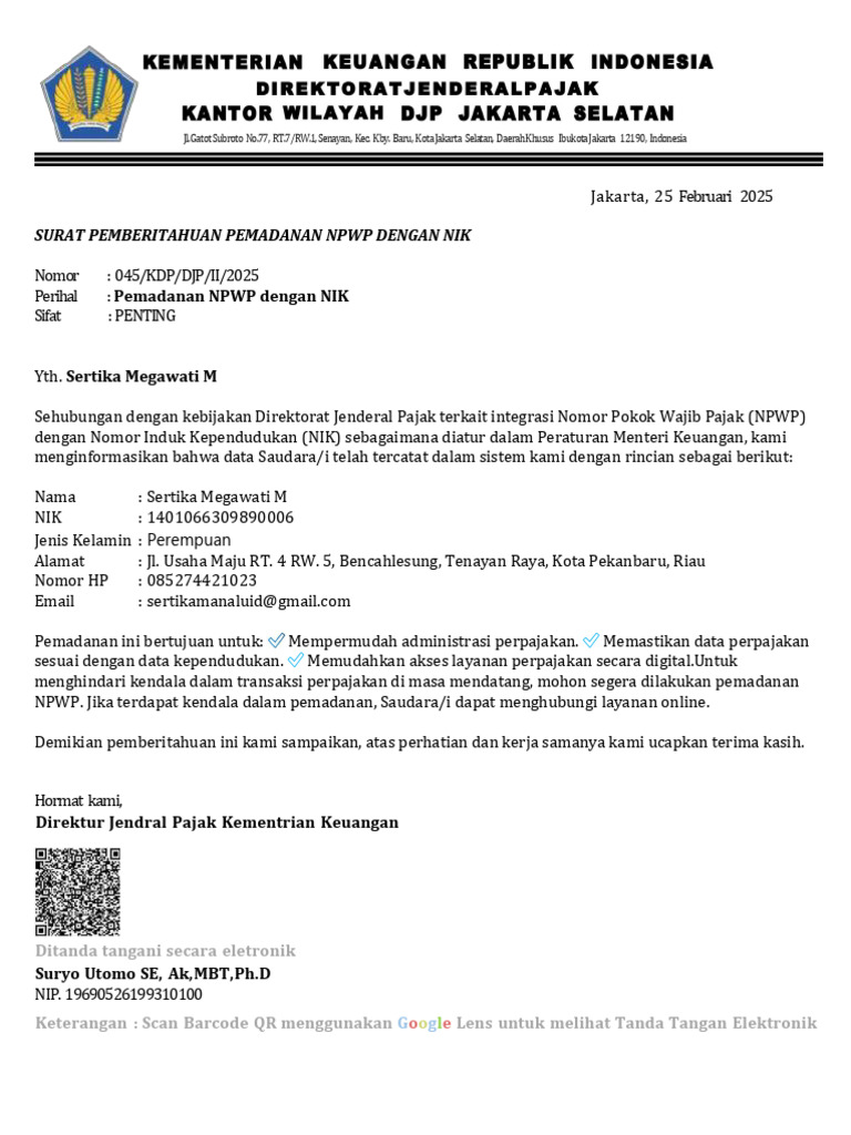 Surat_Konfirmasi Pengkinian Data Sertika Megawati M | PDF