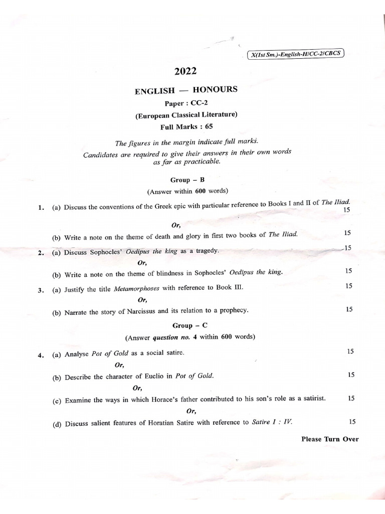 CU-2022 B.a. (Honours) English Semester-1 Paper-CC-2 QP | PDF