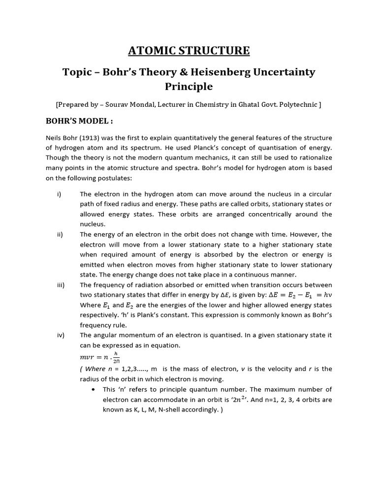 Bohr's Theory and Heisenberg Uncertainty Principle | PDF | Electron | Atoms