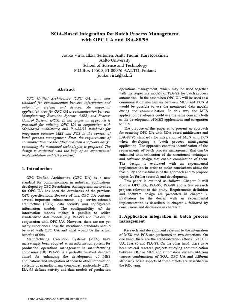SOA-Based Integration For Batch Process Management With OPC UA and ISA ...