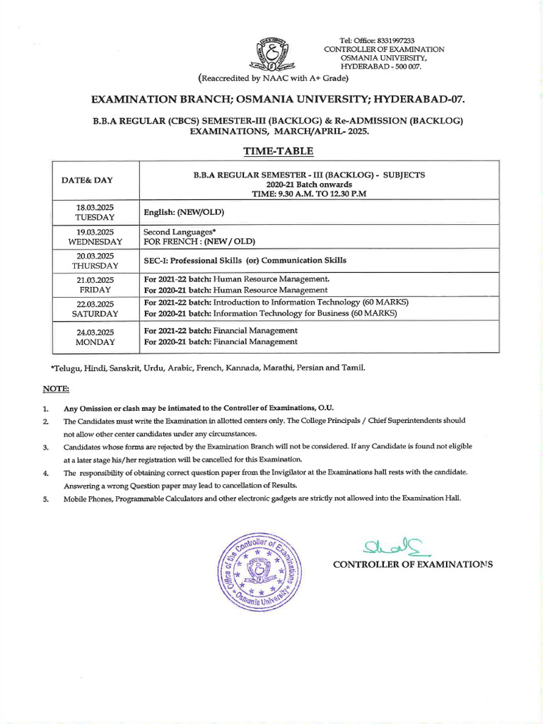 OU BBA Time Table | PDF