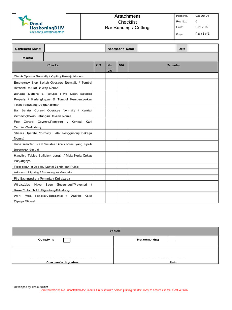ID - IB - HSE - PR-01 Bar Bending & Cutting Checklist | PDF ...