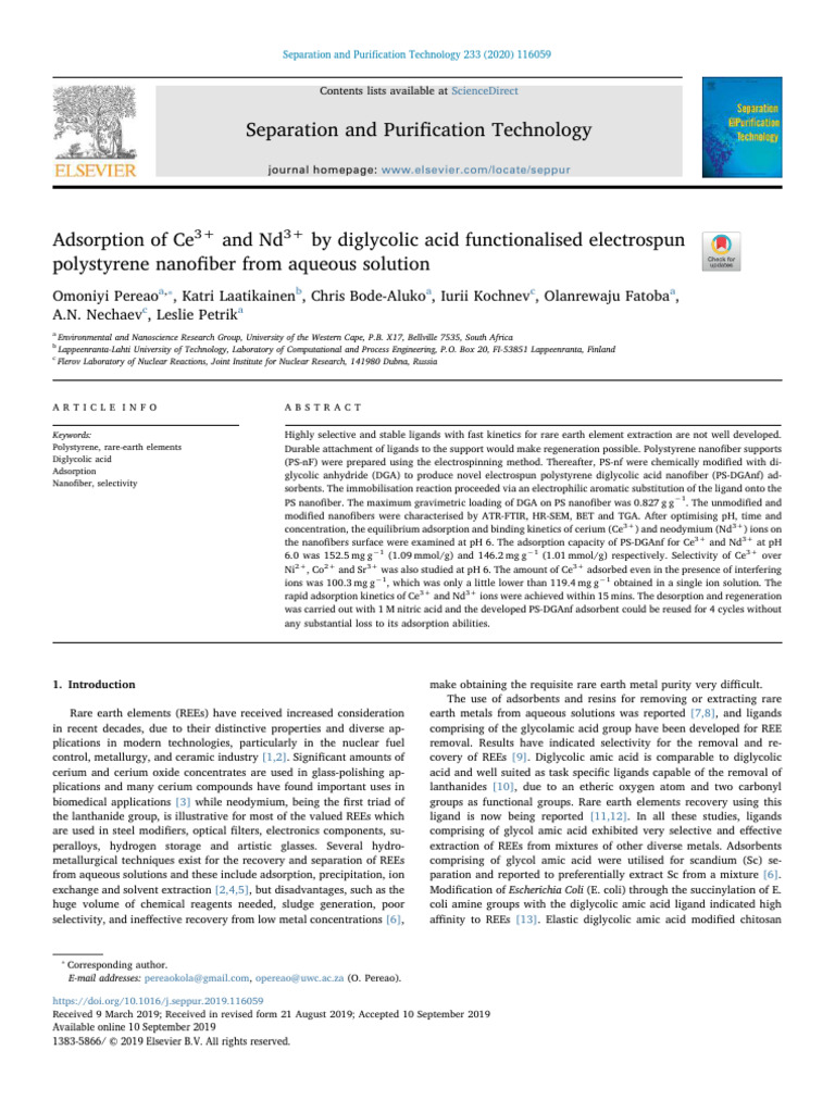 Adsorption of Ce3+ and Nd3+ by Diglycolic Acid Functionalised Electrospun Polystyrene Nanofiber ...