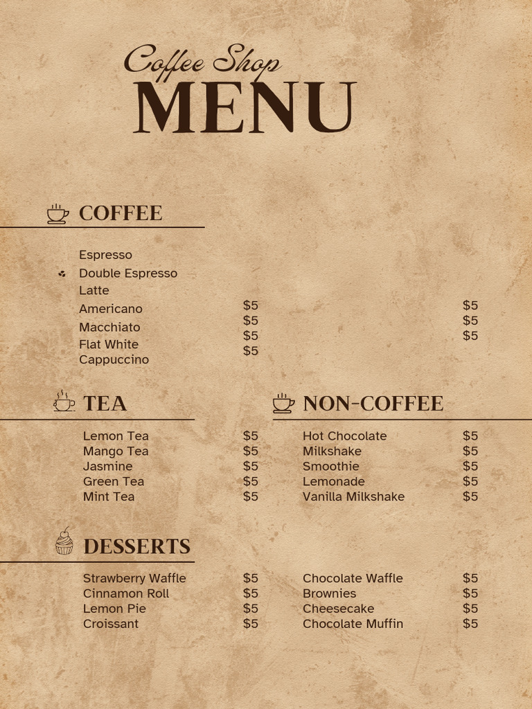 Beige and Brown Classic Coffee Shop Menu - 20250305 - 095052 - 0000 | PDF