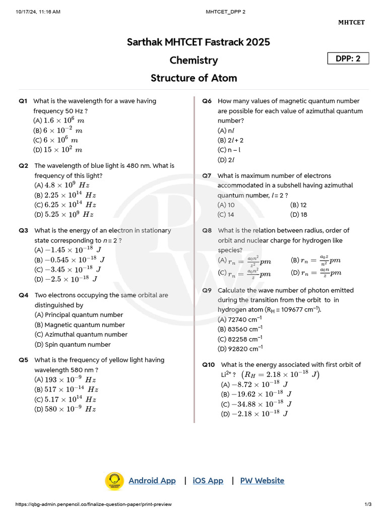 Structure Of Atom Dpp 02 Sarthak Mht Cet Fastrack 2025 Pdf