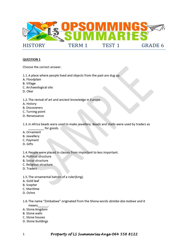 Grade 6 History Test Summaries | PDF