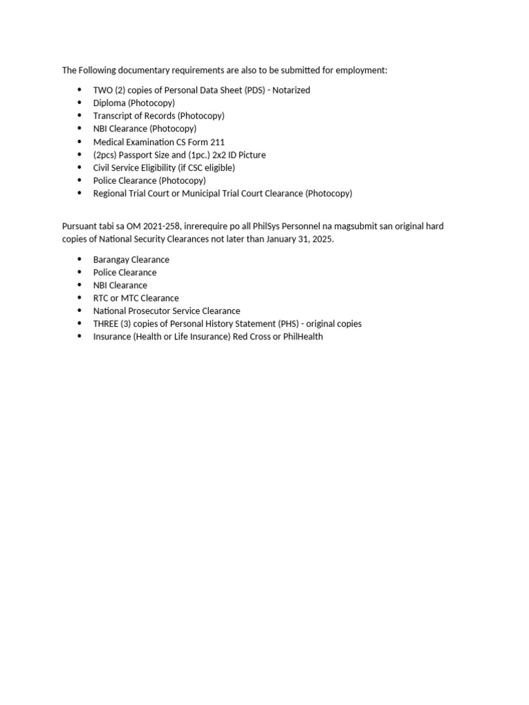 Employment Documentary Requirements Guide | PDF