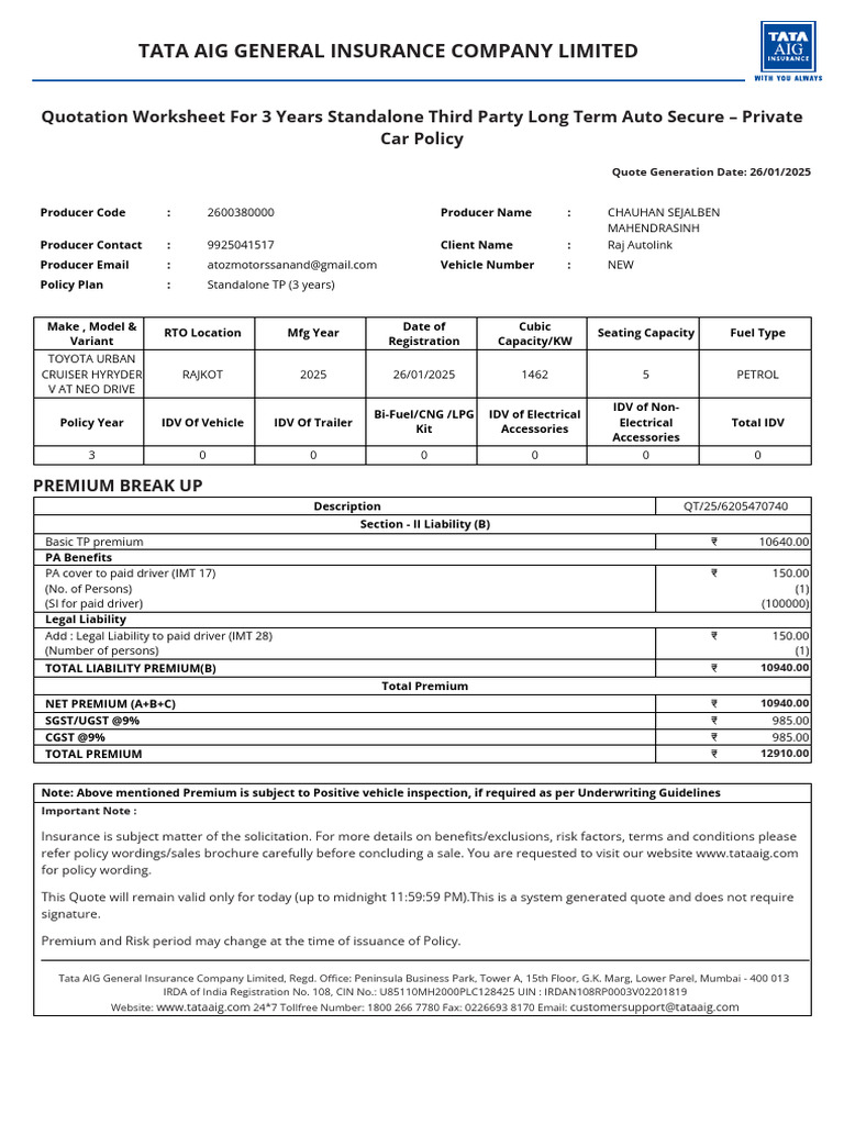 Tata AIG 3-Year TP Auto Insurance Quote | PDF | Insurance | Vehicle ...