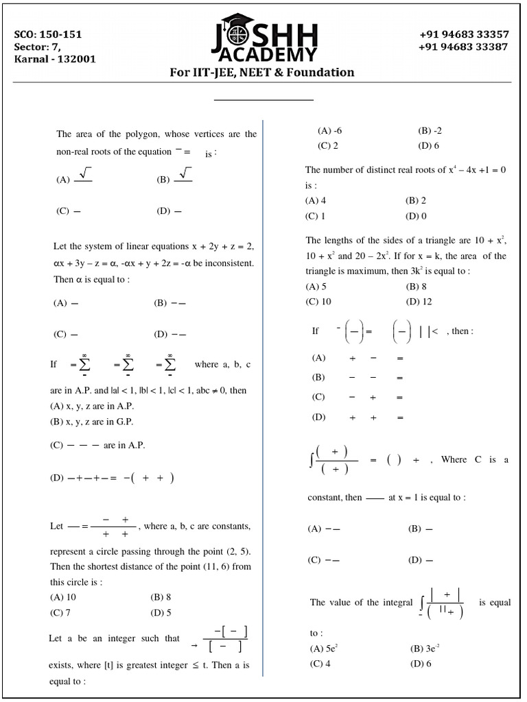 JEE Main 2022 Question Paper 27 June Shift 1 | PDF | Area | Algebra
