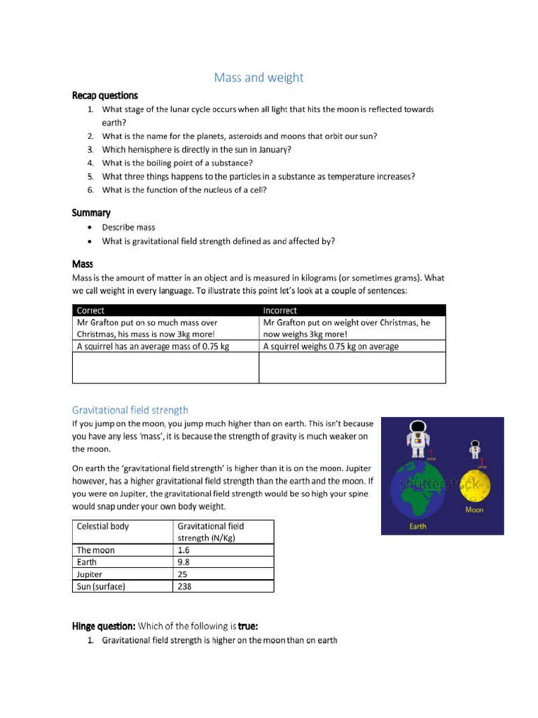 mass and weight homework year 7 | PDF