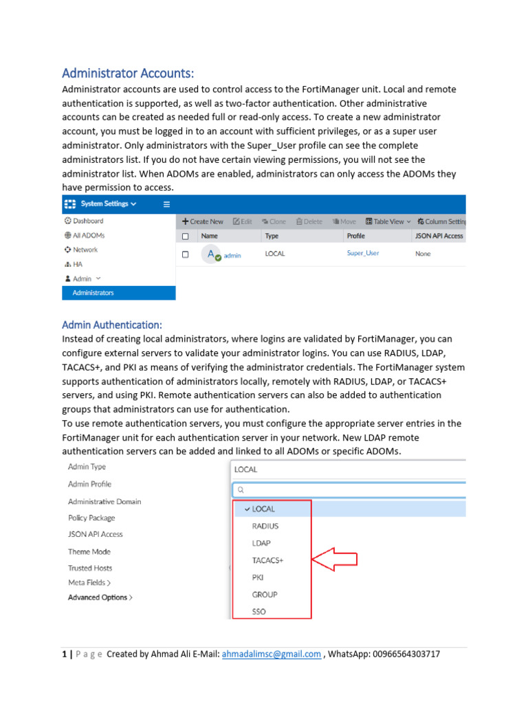 FortiManager Administrator Account Guide | PDF | Radius | Superuser
