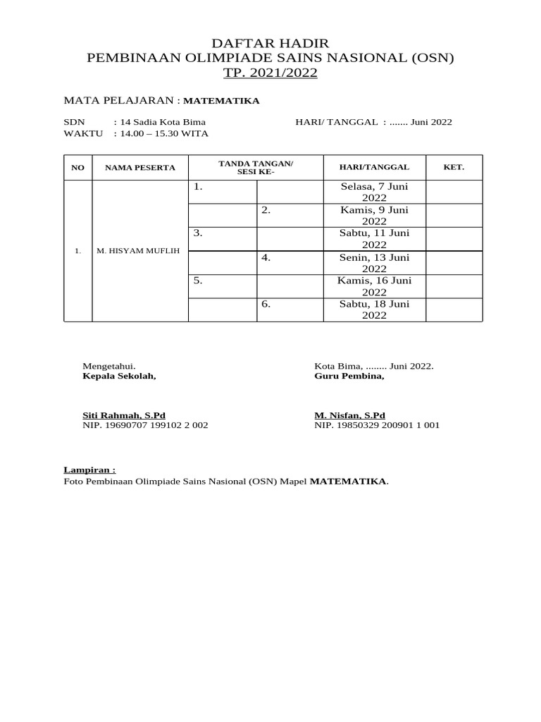 DAFTAR_HADIR_PESERTA OSN | PDF