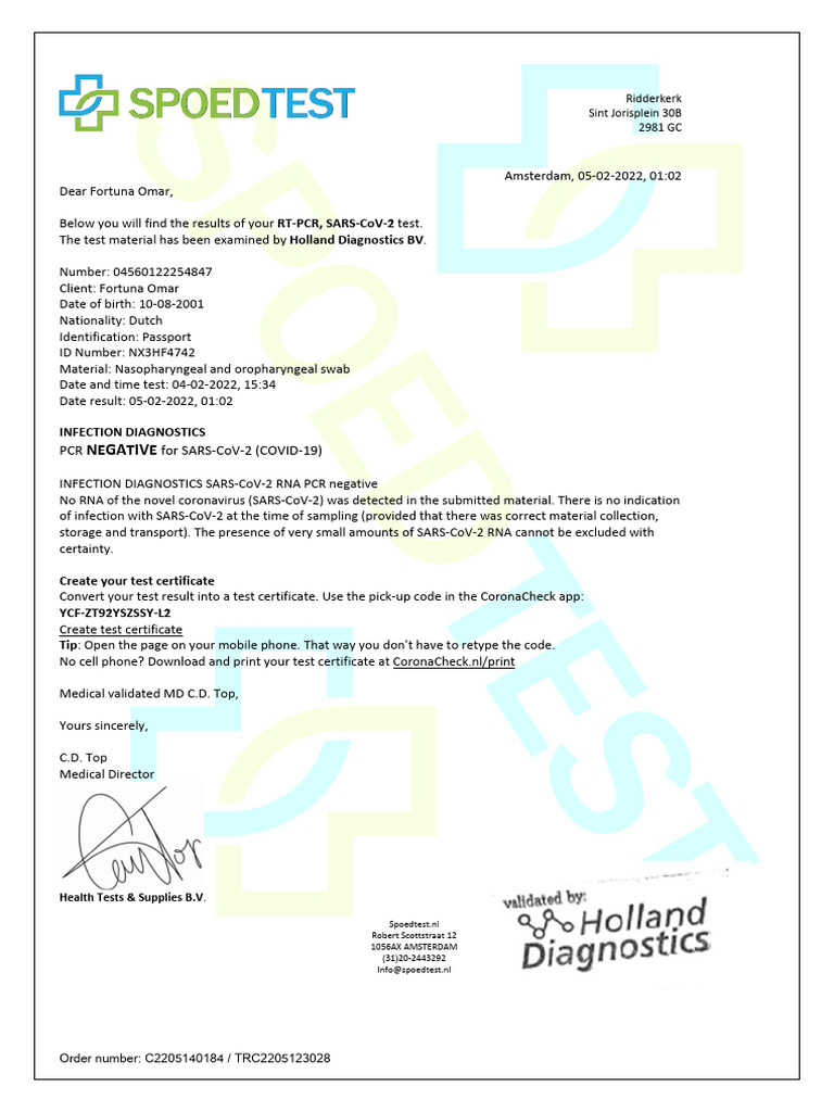 Negative: RT-PCR, Sars-Cov-2 Holland Diagnostics BV | PDF | Reverse ...