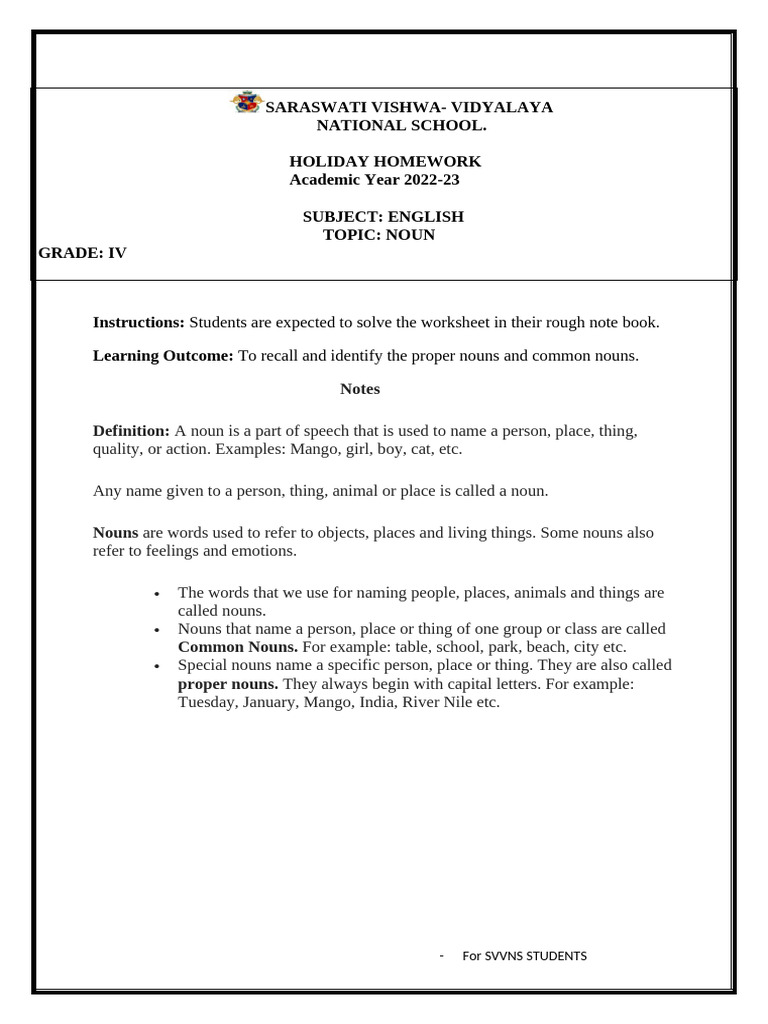 Noun Grade 4 HHW | PDF