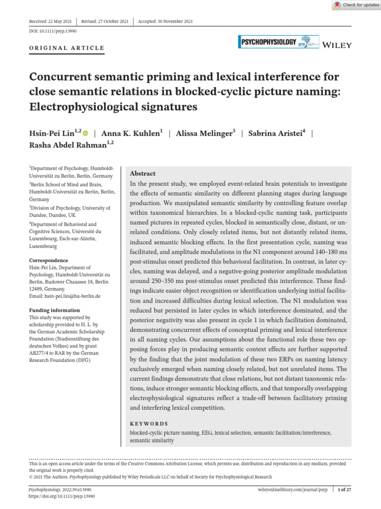 Psychophysiology - 2021 - Lin - Concurrent Semantic Priming and Lexical ...