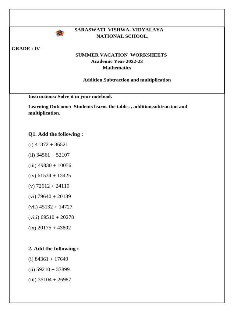 Grade IV Summer Math Worksheets | PDF