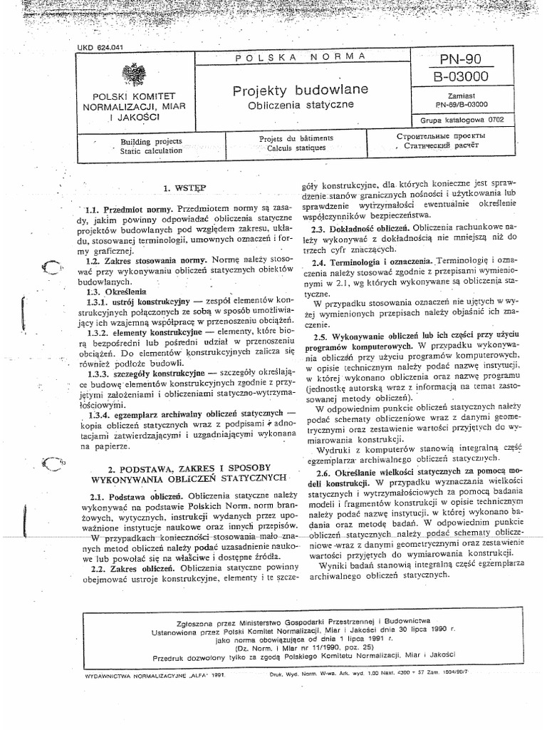 PN-90-B-03000 Projekty Budowlane. Obliczenia Statyczne | PDF