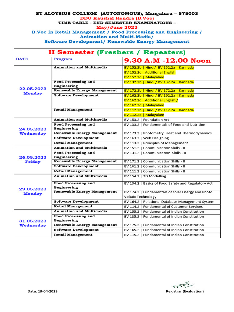 B.Voc End Semester Exam Timetable 2023 | PDF