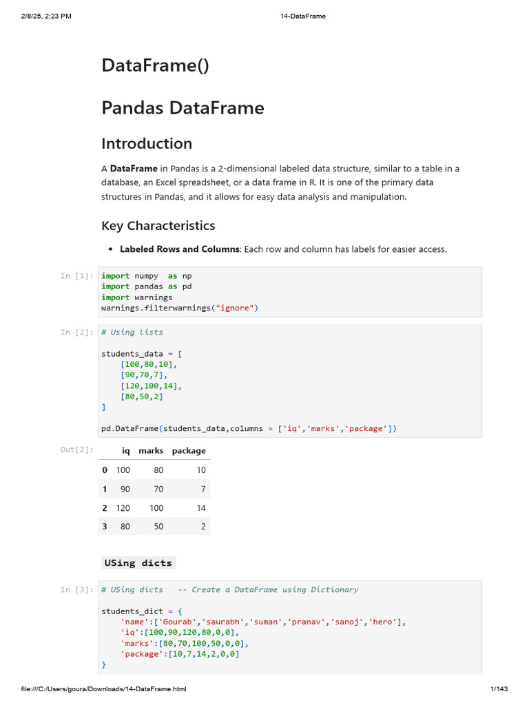 Pandas DataFrame Notebook | PDF