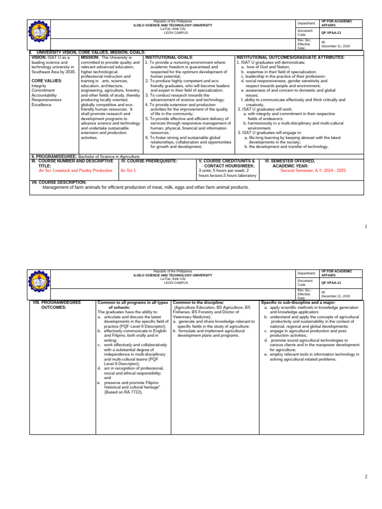 Ansci 2 Syllabus Ay 2024 2025 | PDF | Pig | Poultry