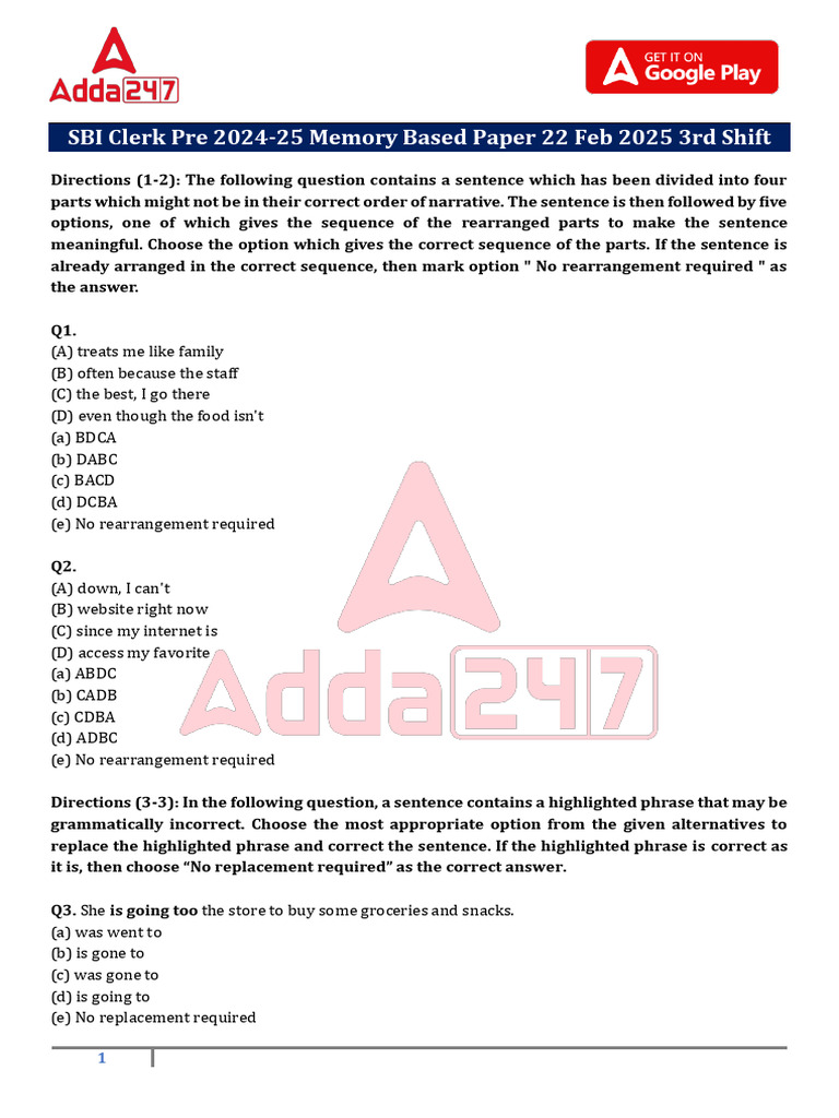 SBI Clerk Pre 2024 25 Memory Based Paper 22 Feb 2025 3rd Shift | PDF ...