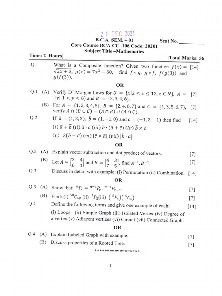Bca Sem1 20201 Dec-2021 Mathematic Old | PDF