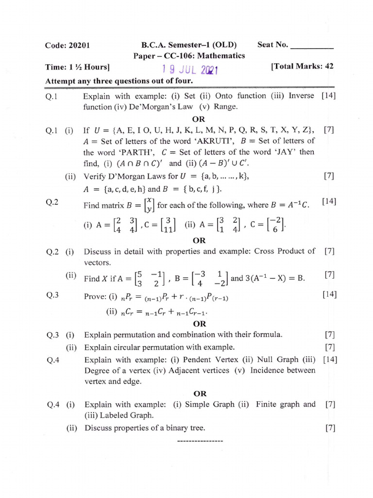 Bca Sem1 20201 July-2021 Mathematics Old | PDF