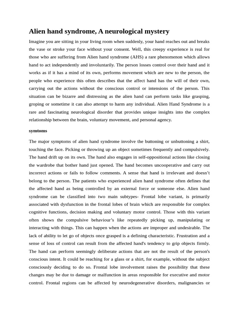Alien hand syndrome | PDF | Medicine | Clinical Medicine