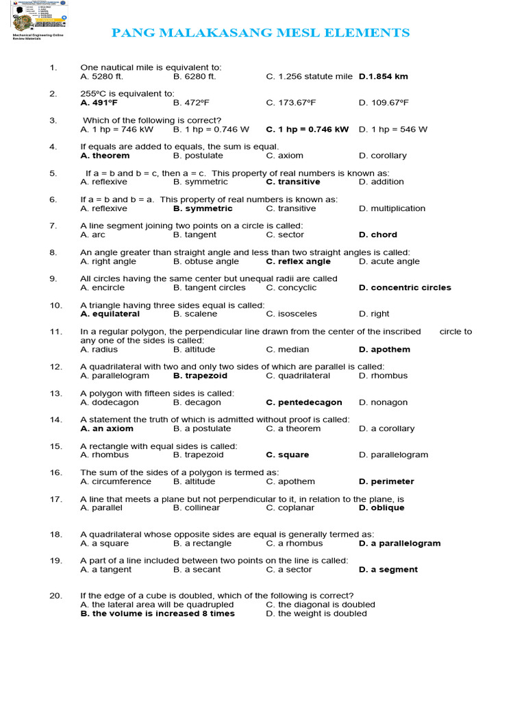 Pang Malakasang Mesl Elements | PDF | Ellipse | Perpendicular