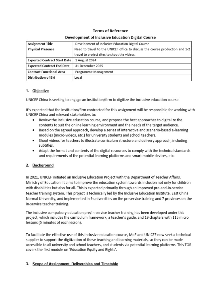 Annex B - TOR_Development of inclusive education Digital course | PDF ...