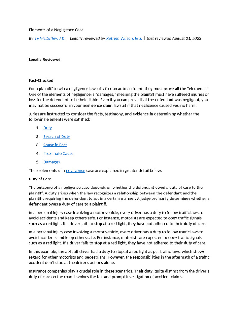 Key Elements of Negligence Cases | PDF | Negligence | Causation (Law)