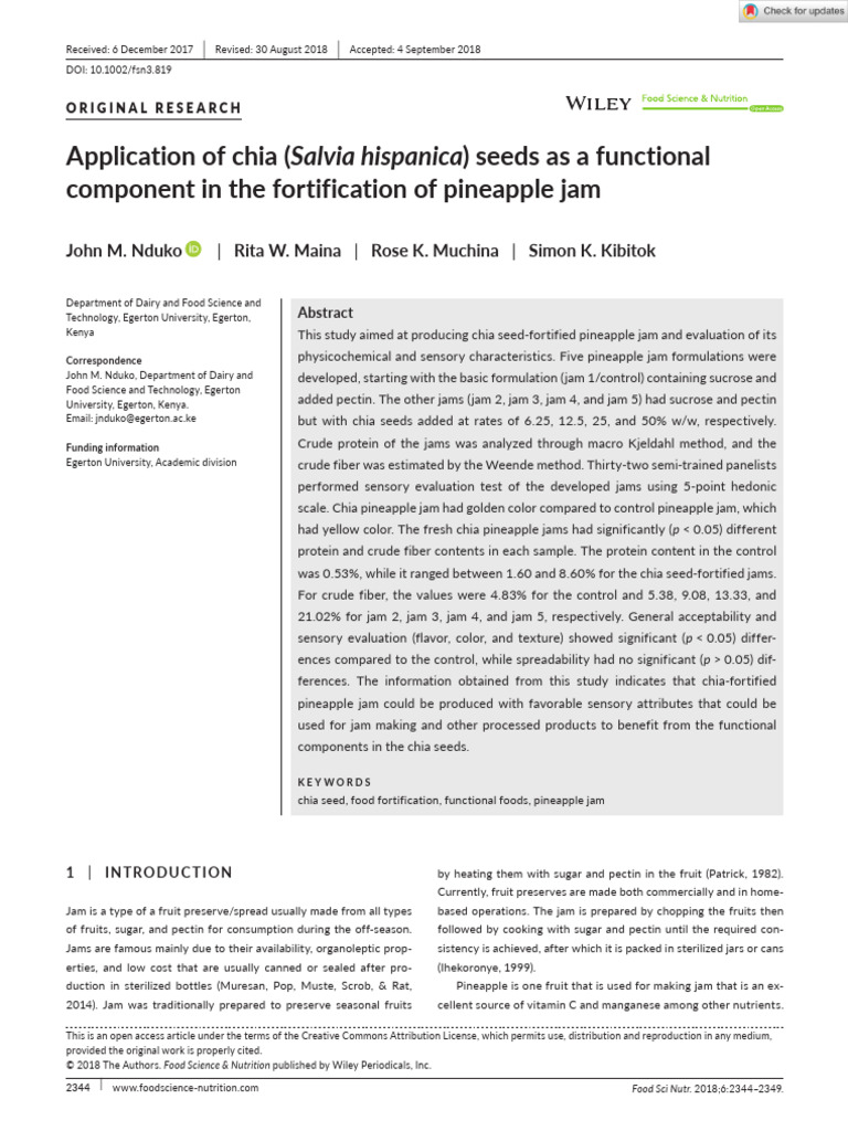 Food Science Nutrition - 2018 - Nduko - Application of chia Salvia hispanica seeds as a ...