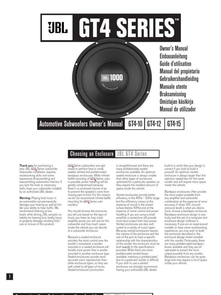 Gt4 Series: Automotive Subwoofers Owner's Manual | PDF | Loudspeaker | Electrical Engineering