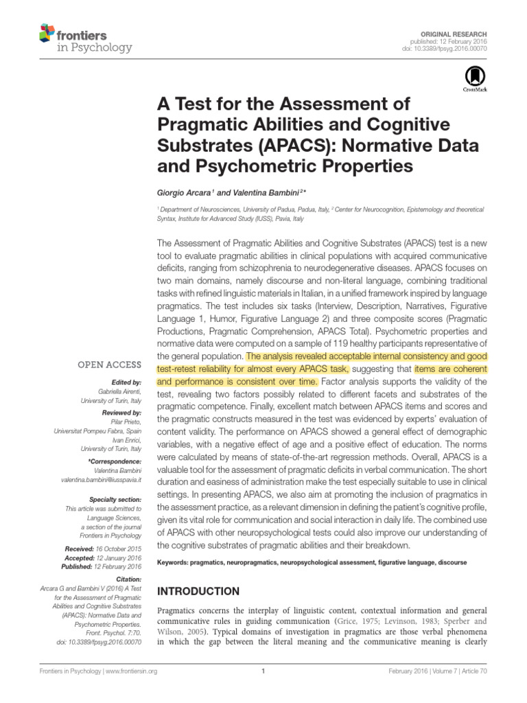 APACS Test: Pragmatic Abilities Assessment | PDF | Standard Deviation ...