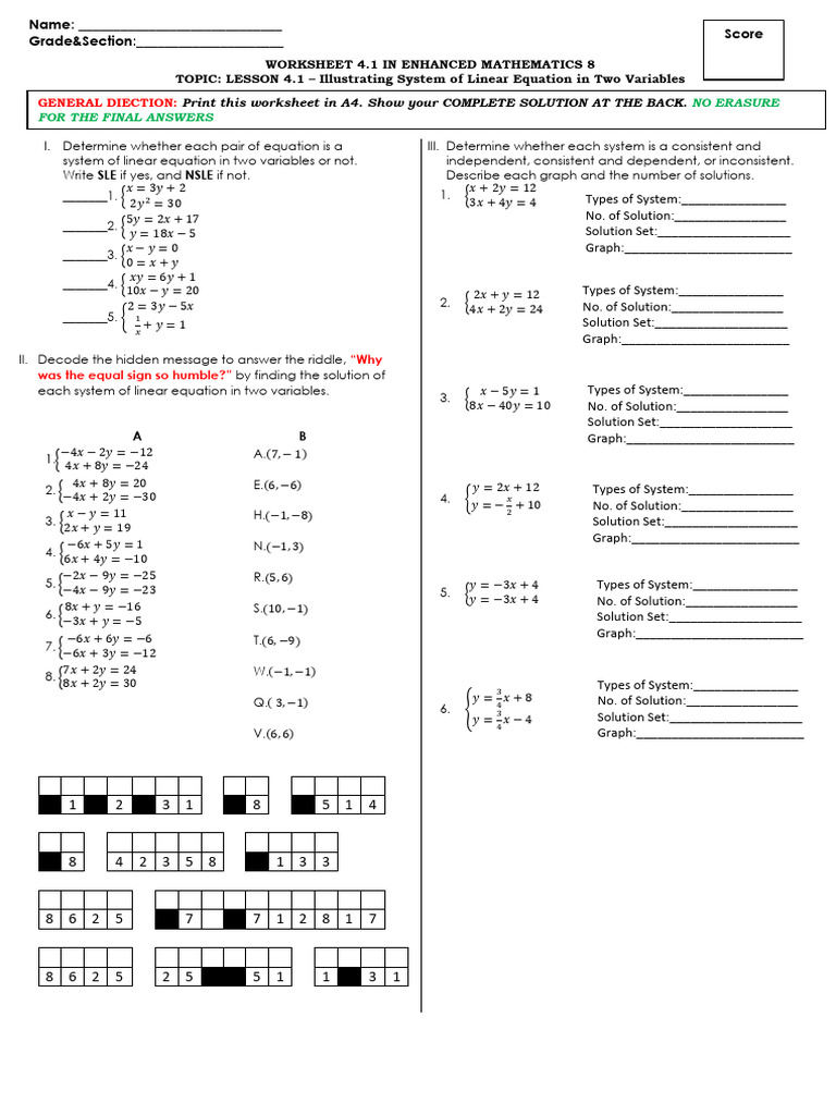 Linear Equations Worksheet for Grade 8 | PDF | Equations | Variable ...