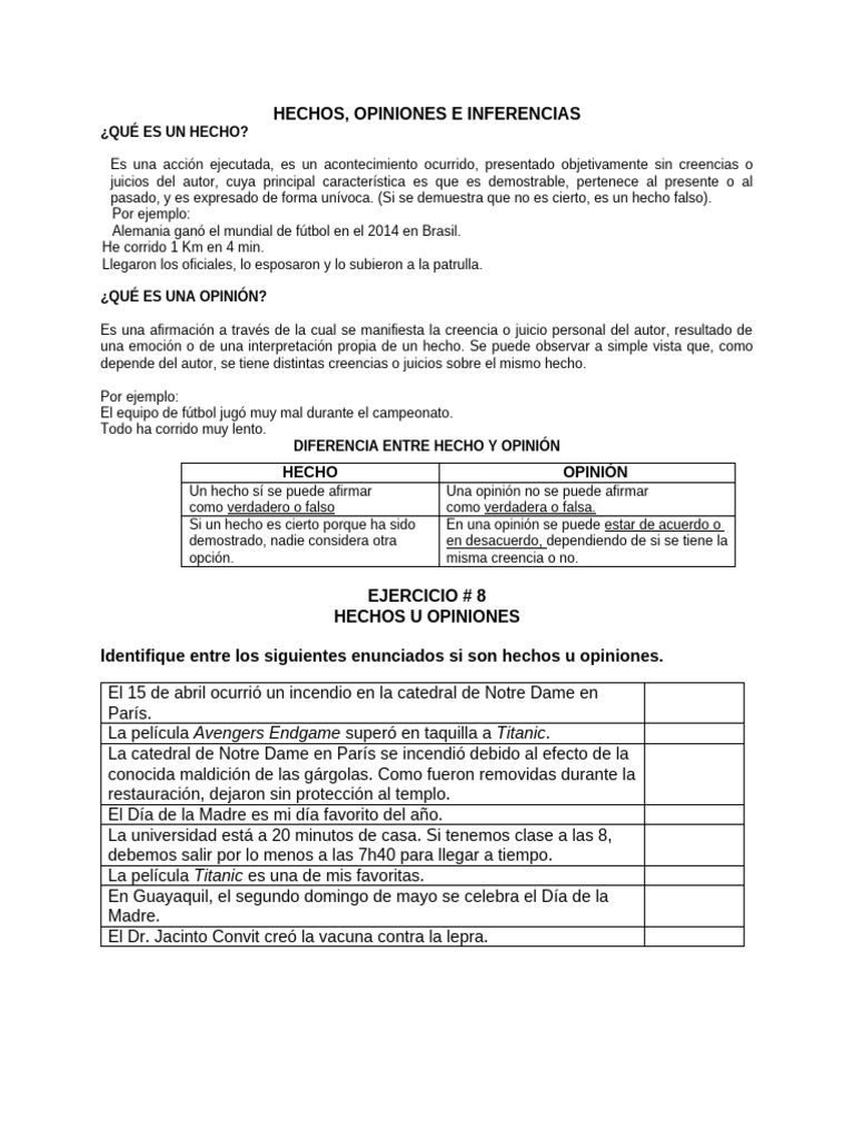 Ejercicio # 8 Hechos, Opiniones e Inferencias | PDF | Inferencia ...