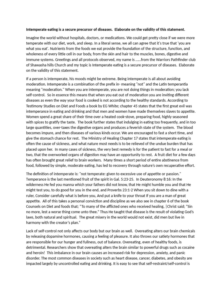 Intemperate Eating Is A Secure Precursor of Diseases | PDF | Eating